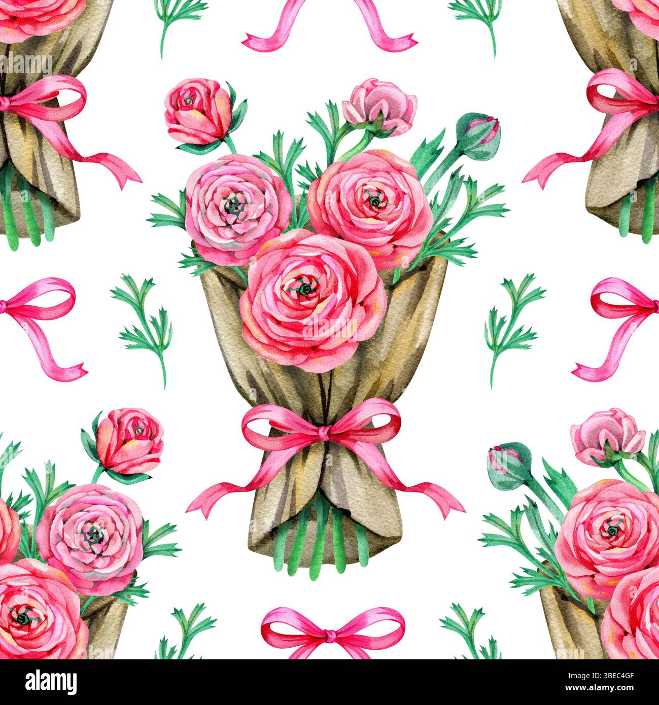 Ranunculus (buttercup). Seamless floral pattern with pink flowers and ...