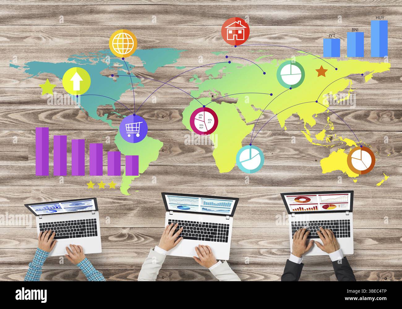 Group of three people with devices in hands working together as symbol ...