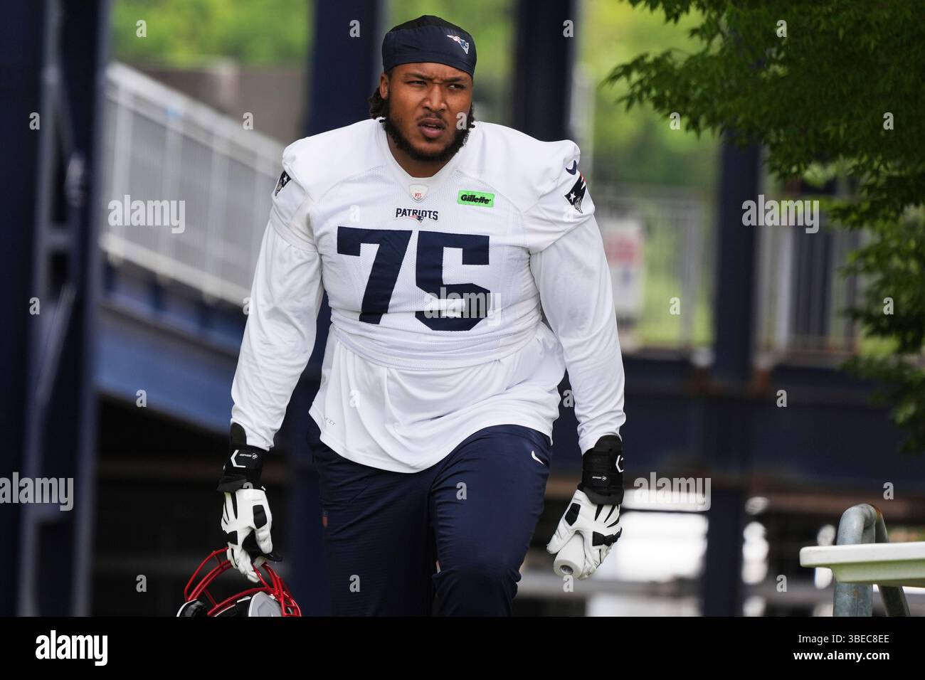 New England Patriots offensive tackle Demontrey Jacobs (75) heads to ...