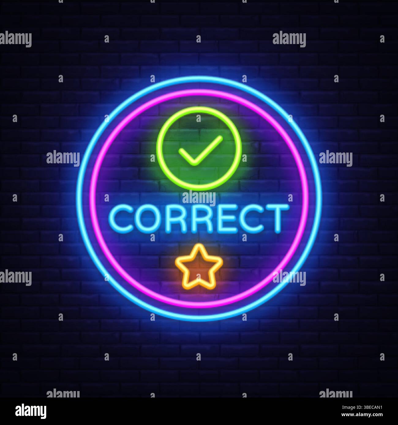 Correct answer neon badge. Vector illustration with glowing check mark ...