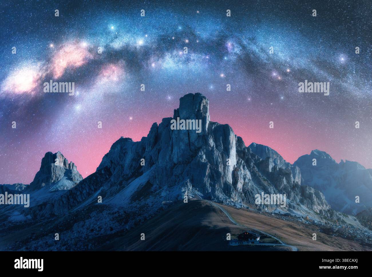 Milky Way galaxy is shining over majestic alpine mountain range on ...