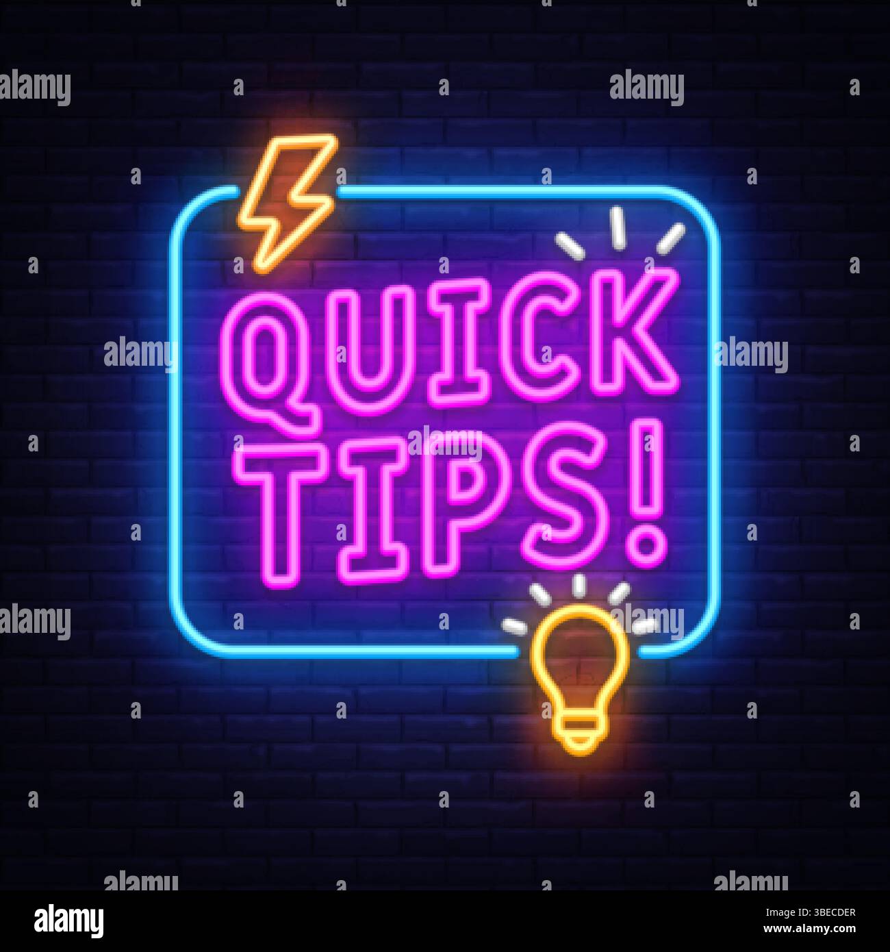 Quick tips neon sign with light bulb. Vector illustration featuring ...
