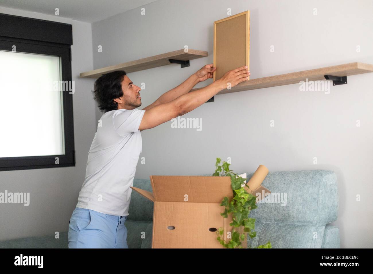 Man arranging a picture frame on a wall shelf, unpacking in his living ...