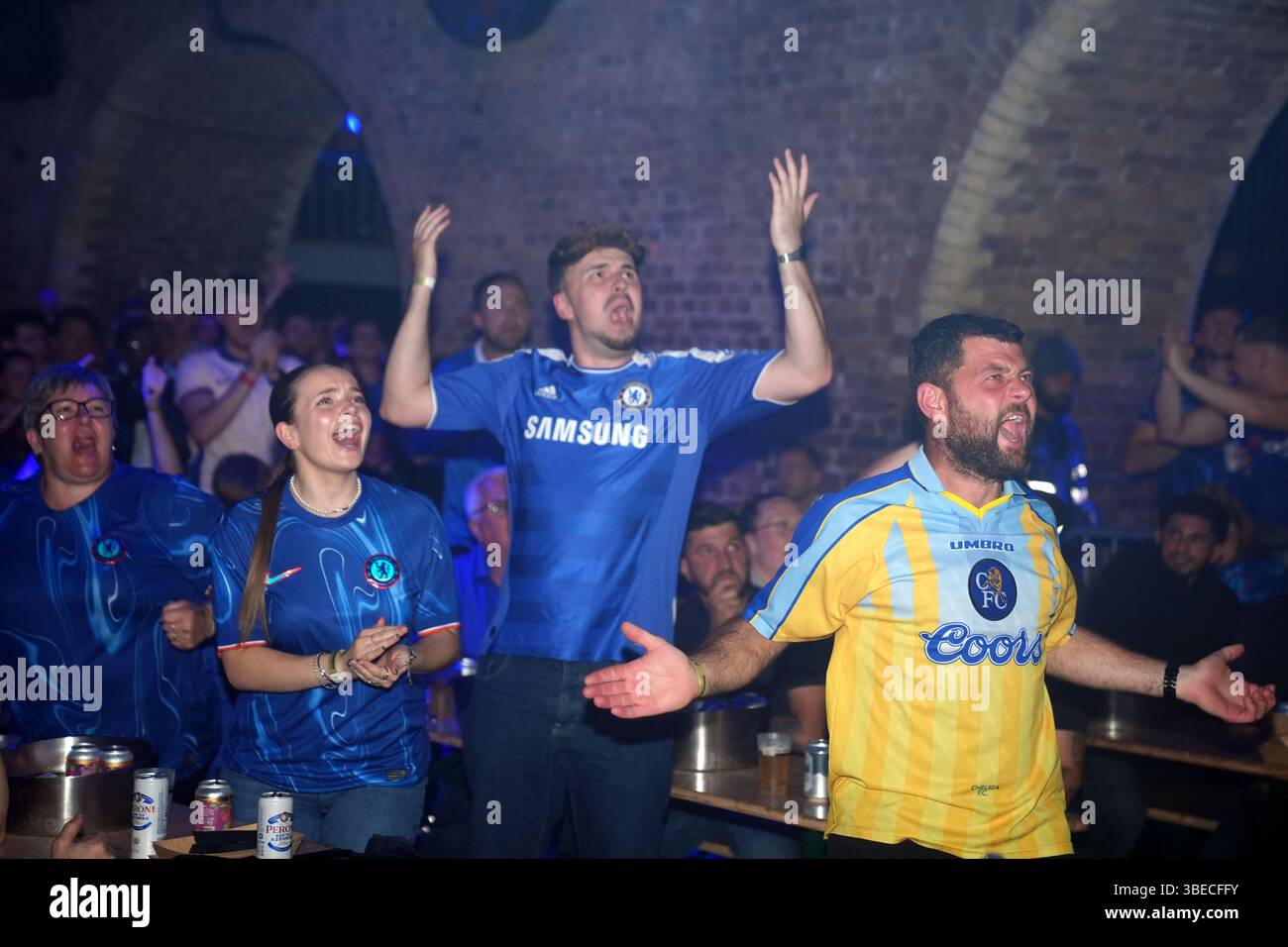 Chelsea fans react during a screening of the UEFA Conference League ...