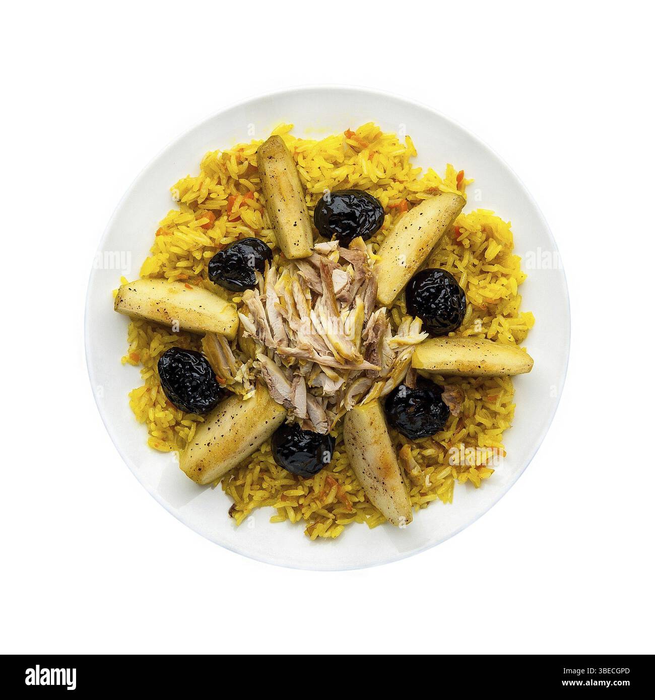 Traditional oriental pilaf with meat in a plate on a white background ...