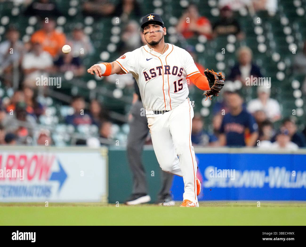 Houston Astros third baseman Isaac Paredes (15) makes the throw to first base as Athletics ...