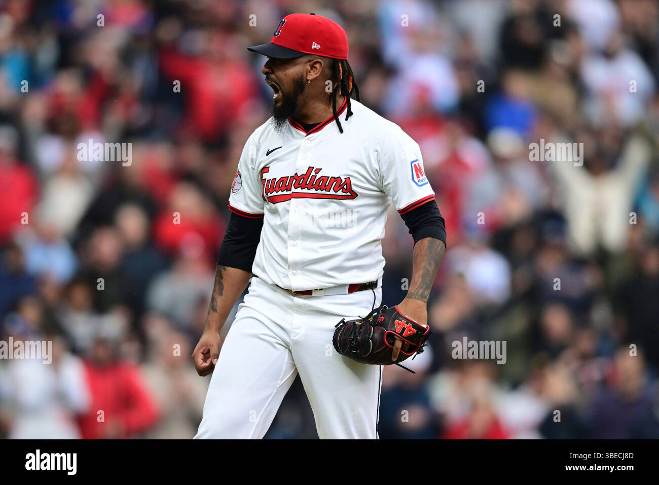 Cleveland Guardians relief pitcher Emmanuel Clase reacts after striking ...