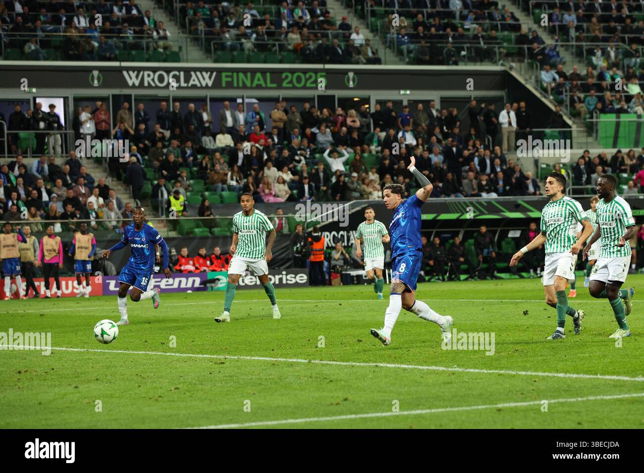 WROCLAW, POLAND - 28th May 2025: Enzo Fernandez of Chelsea scores his ...