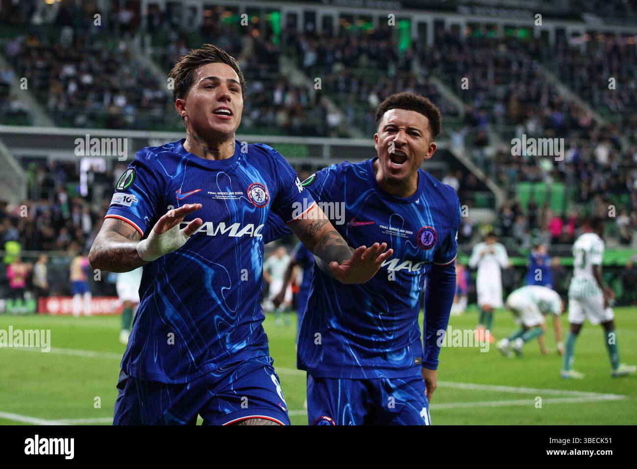 WROCLAW, POLAND - 28th May 2025: Enzo Fernandez of Chelsea celebrates ...