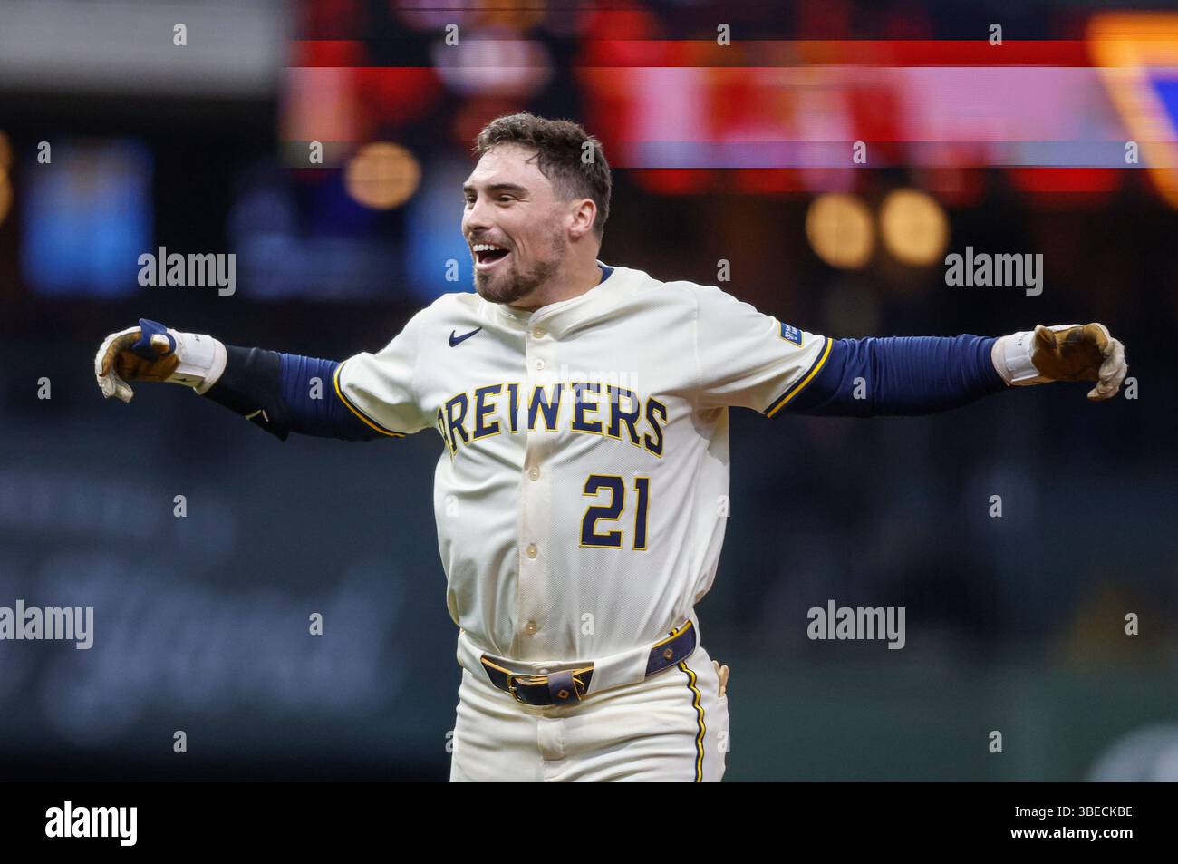 Milwaukee Brewers Caleb Durbin reacts after a game-winning sacrifice ...