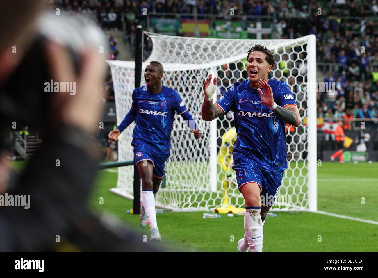 WROCLAW, POLAND - 28th May 2025: Enzo Fernandez of Chelsea celebrates ...