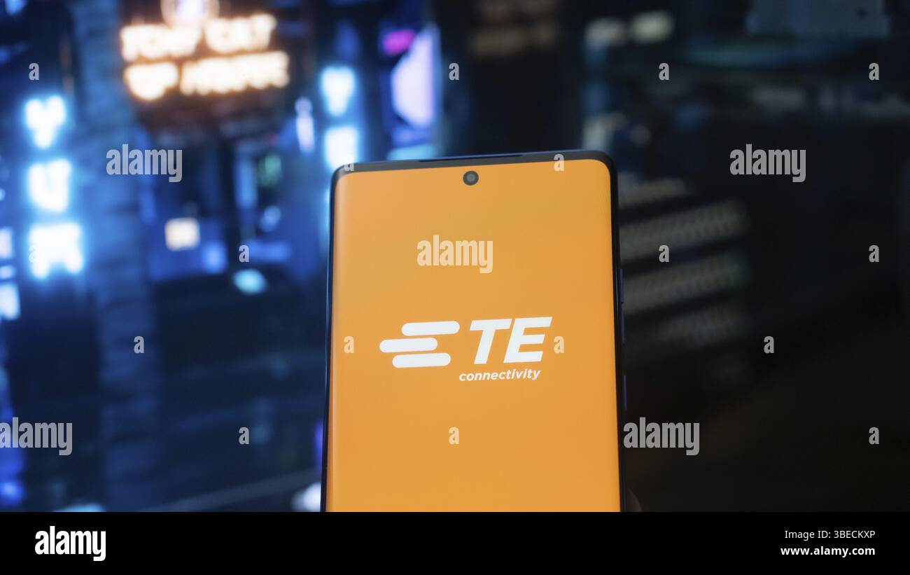 Dhaka, Bangladesh 03 May 2025: TE Connectivity company logo displayed on mobile phone screen ...