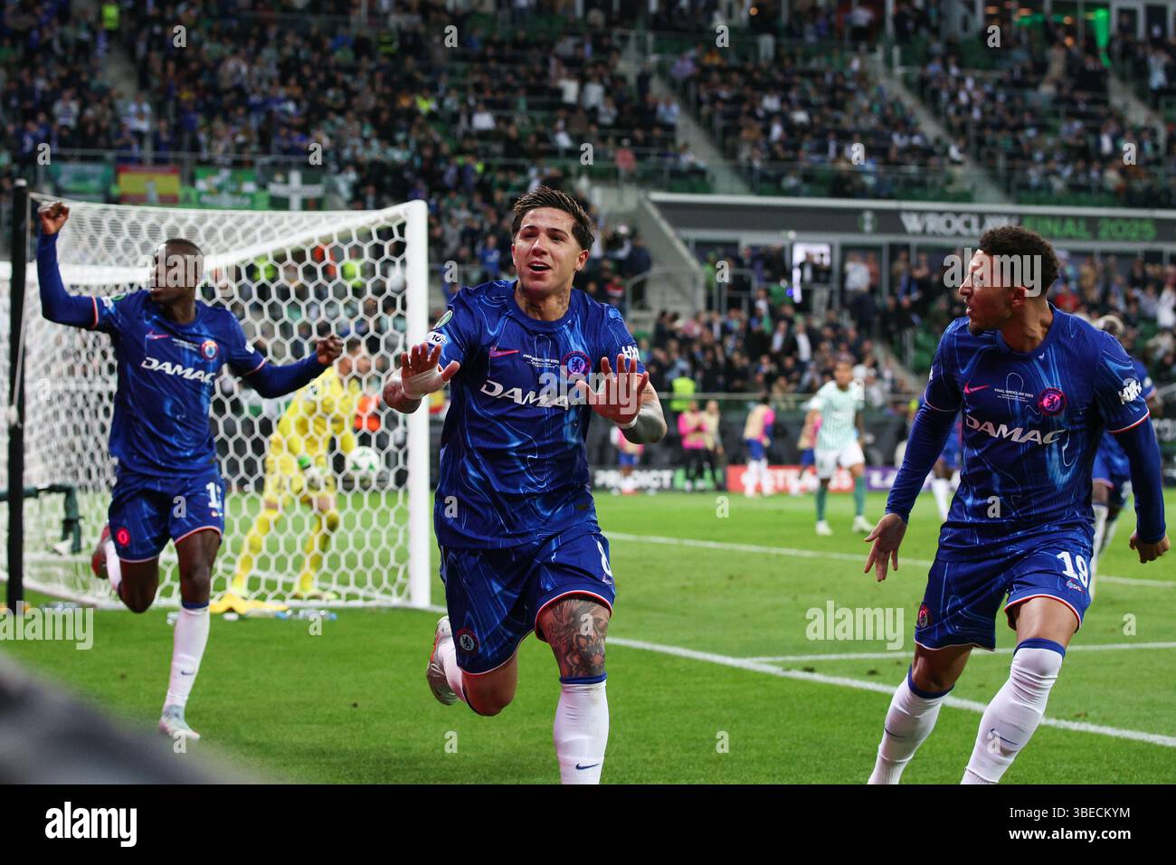 WROCLAW, POLAND - 28th May 2025: Enzo Fernandez of Chelsea celebrates ...