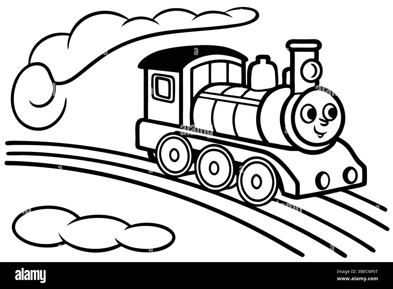 Cheerful Cartoon Steam Train Outline on Railroad Tracks with Puffs of ...