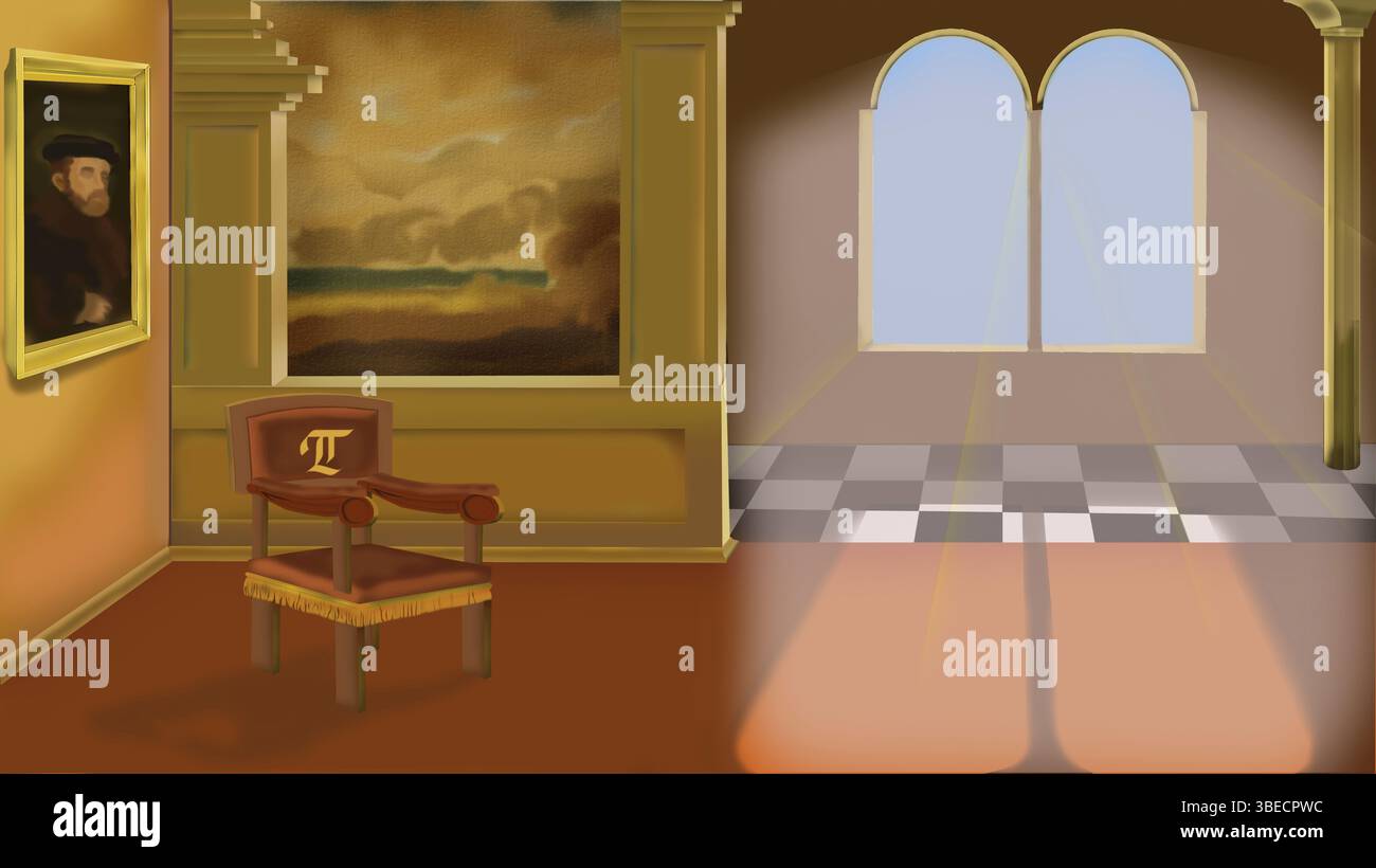 A digital painting of an elegant interior with golden walls, classical ...
