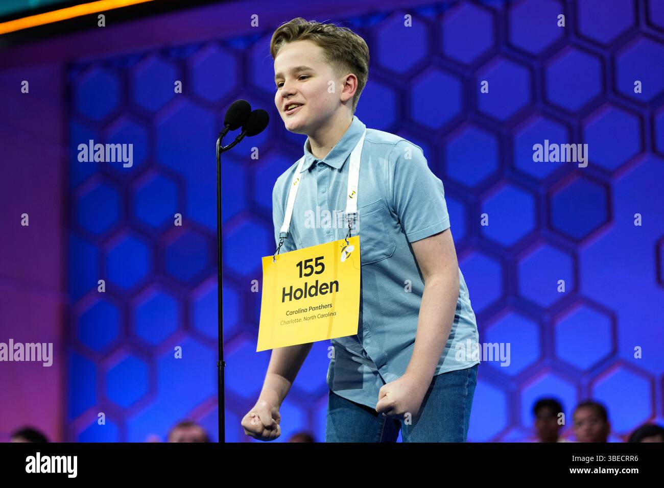 Holden Connor Good, 13, of Charlotte, N.C., reacts after spelling a ...