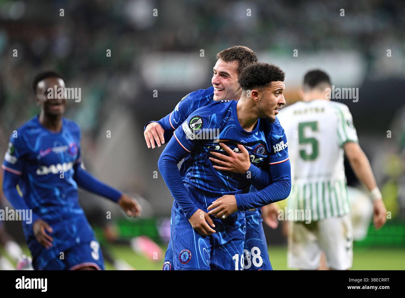 Chelsea's Jadon Sancho (right) and Chelsea's Marc Guiu celebrate at ...