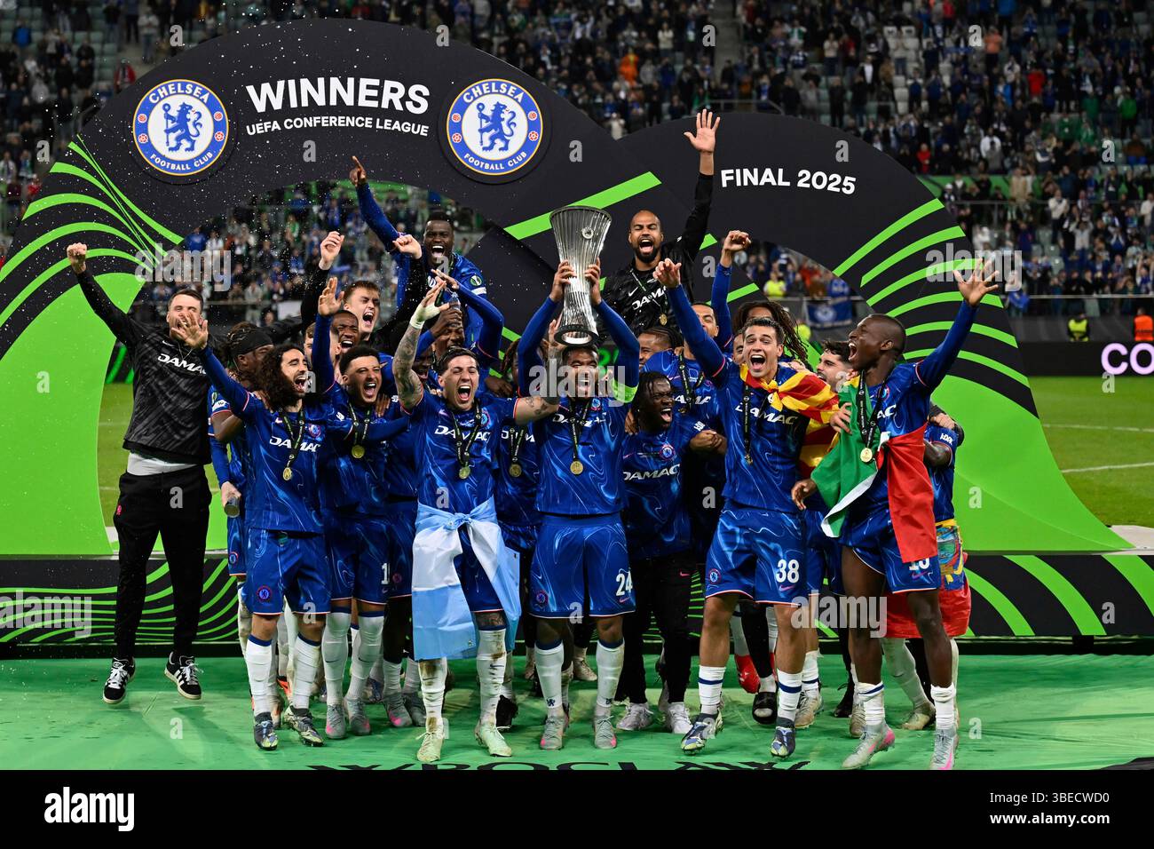 Chelsea's Reece James lifts the trophy after the Europa Conference ...