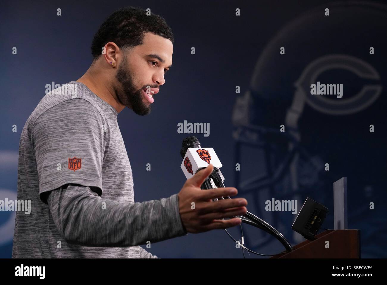 Chicago Bears quarterback Caleb Williams talks to media at a news ...