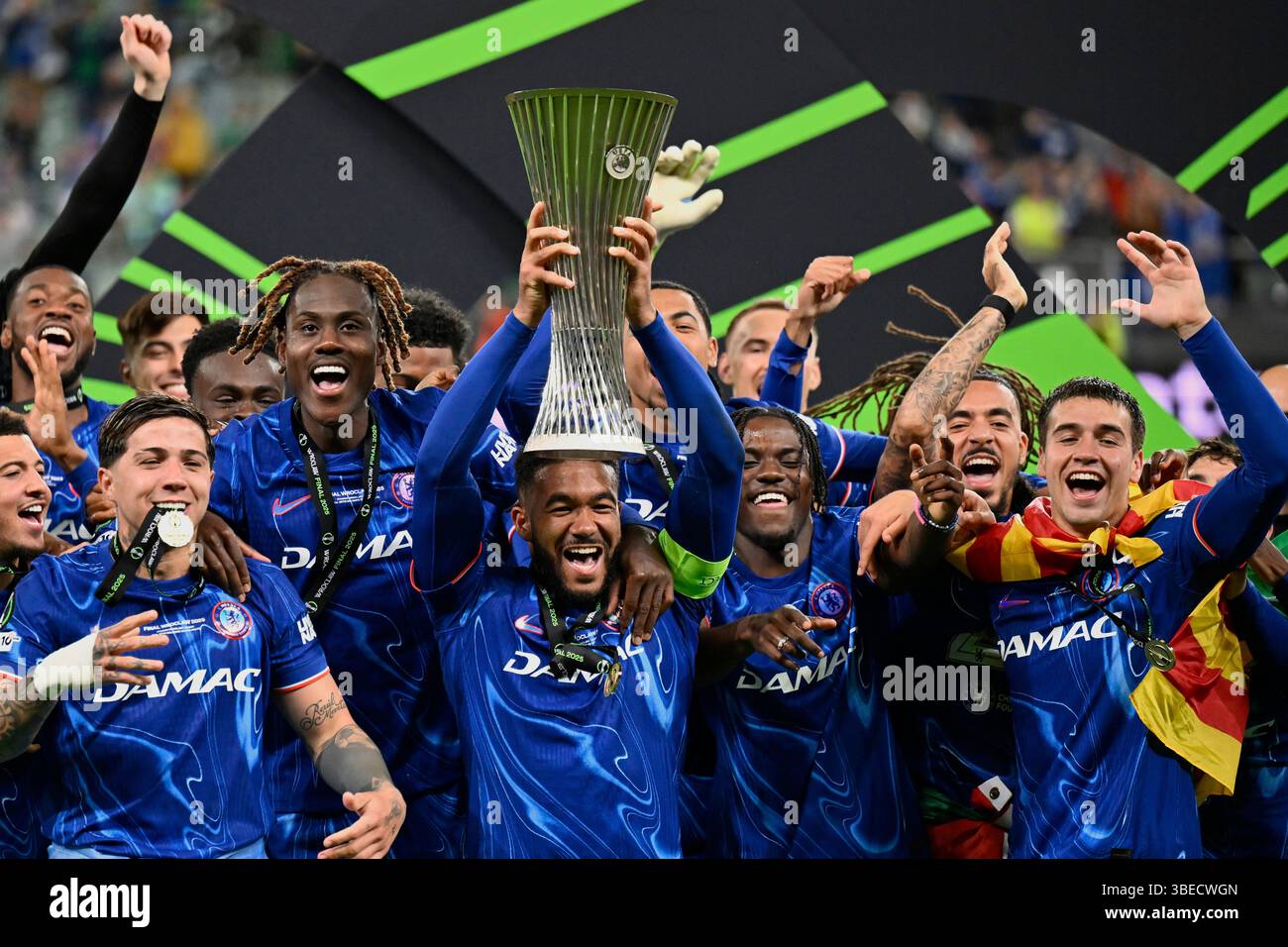 Chelsea's Reece James lifts the trophy after the Europa Conference ...
