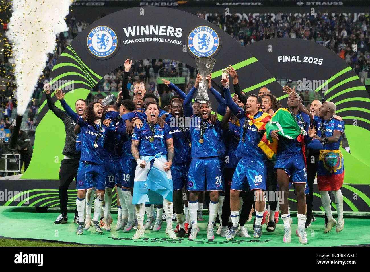 Chelsea's Reece James lifts the trophy after the Europa Conference ...