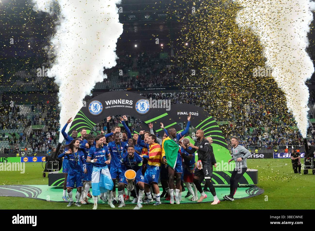 Chelsea's Reece James lifts the trophy after the Europa Conference ...
