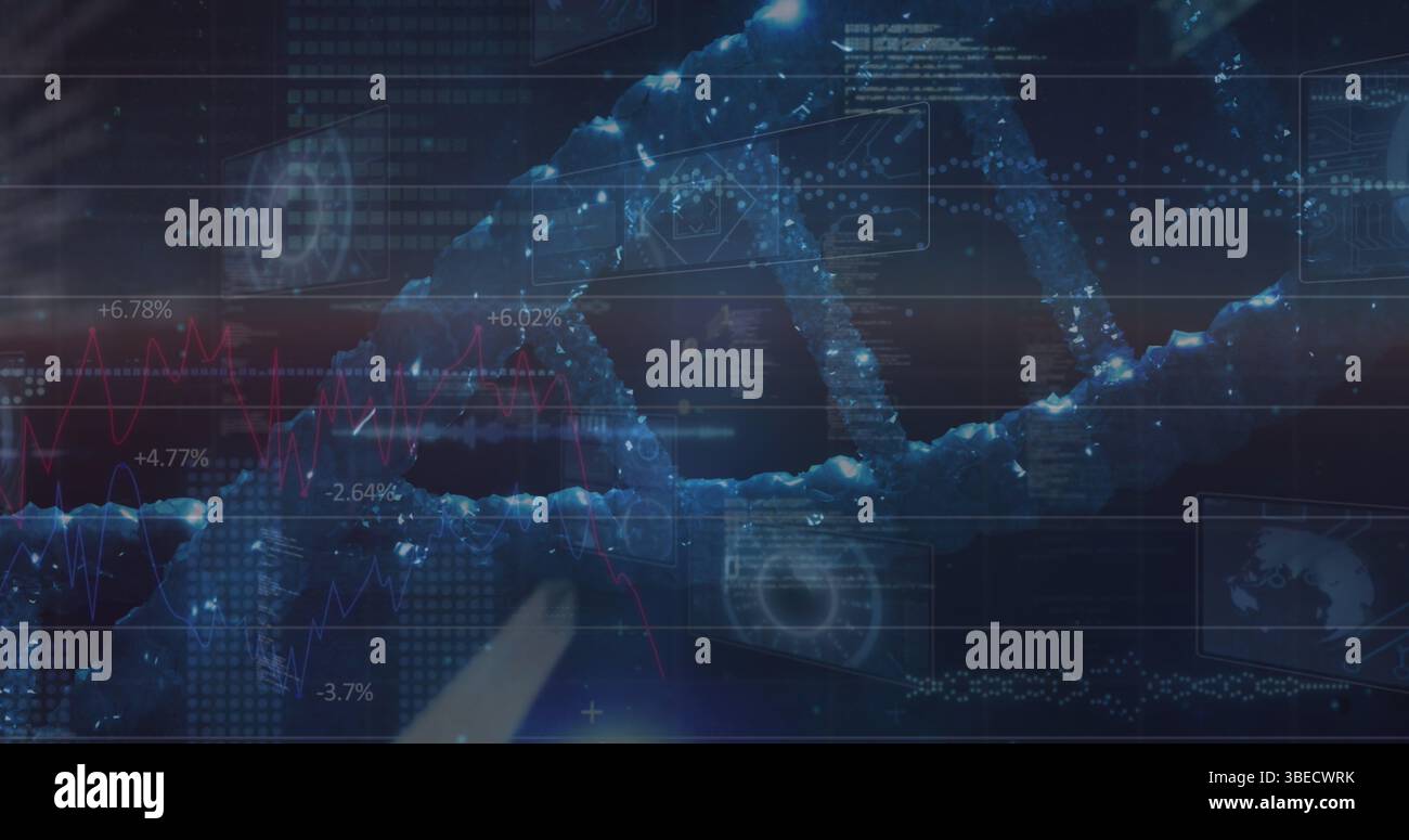 Image of dna rotating over data processing and graphs over landscape ...