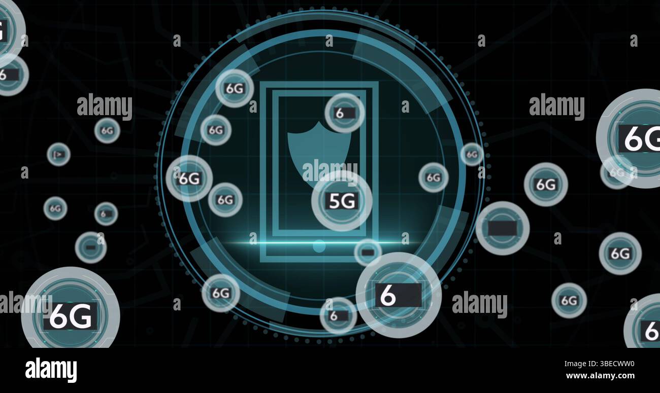 Multiple 5g and 6g texts floating over cyber security text on round scanner against black ...