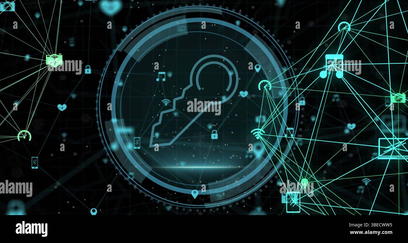 Image of cyber security and key in circle over network of connections ...