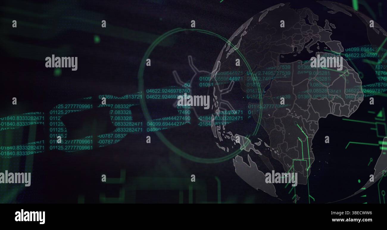 Spinning Globe And Microprocessor Connections Over Security Chain Icon Against Black Background