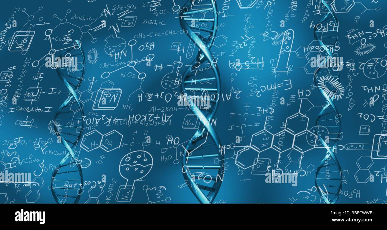 Image of dna rotating over chemical formulas on blue background Stock ...