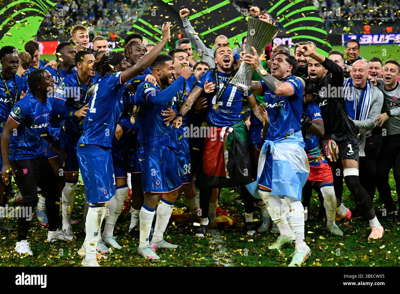 Chelsea players celebrate with the trophy after the Europa Conference ...