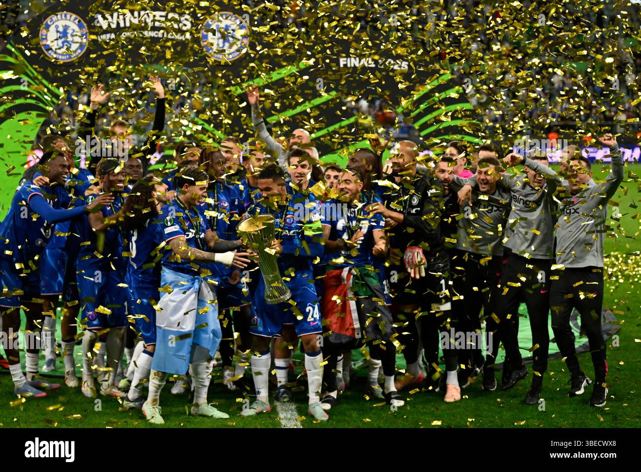 Chelsea players celebrate with the trophy after the Europa Conference ...