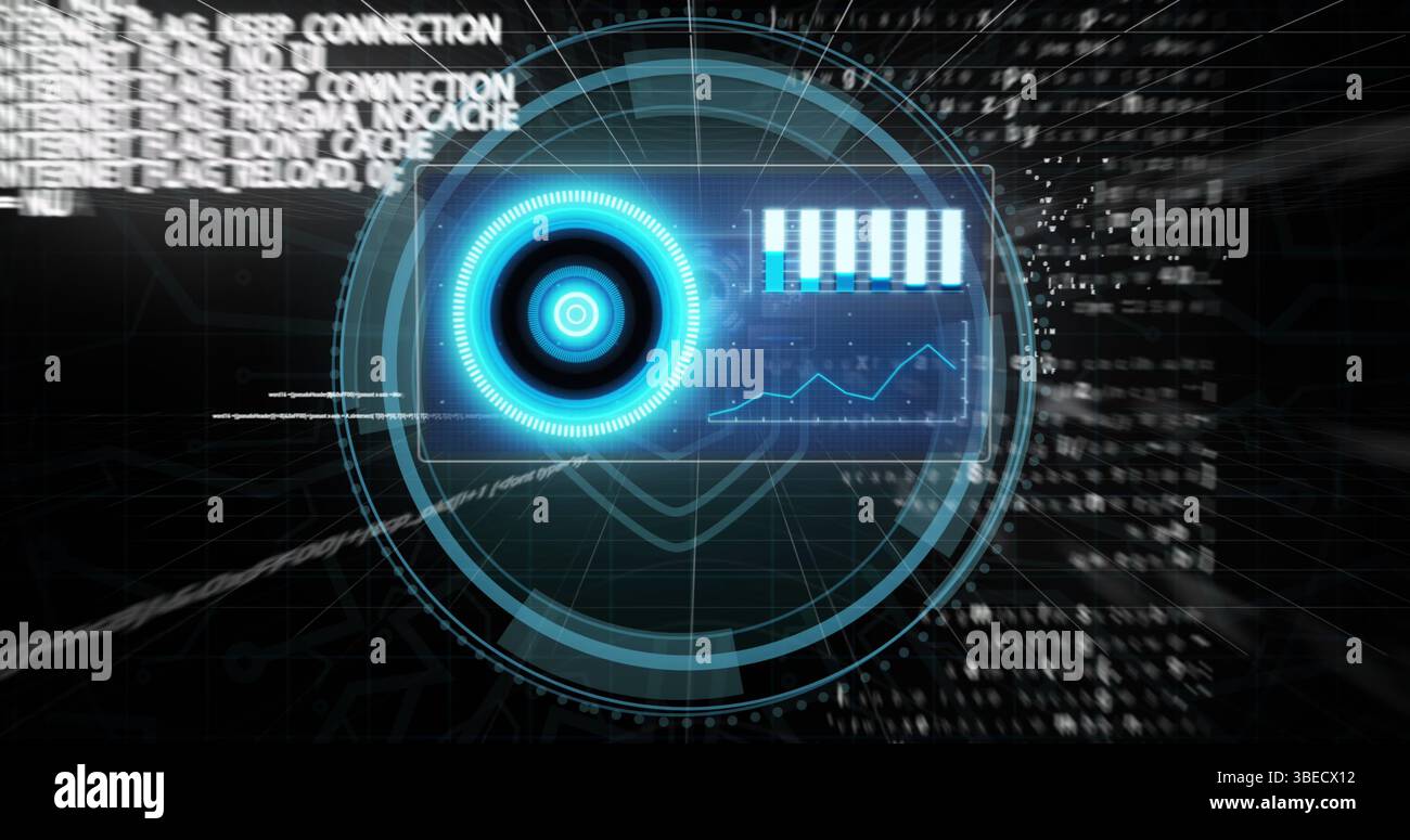 Cyber security text over round scanner and interface with data processing on black background ...