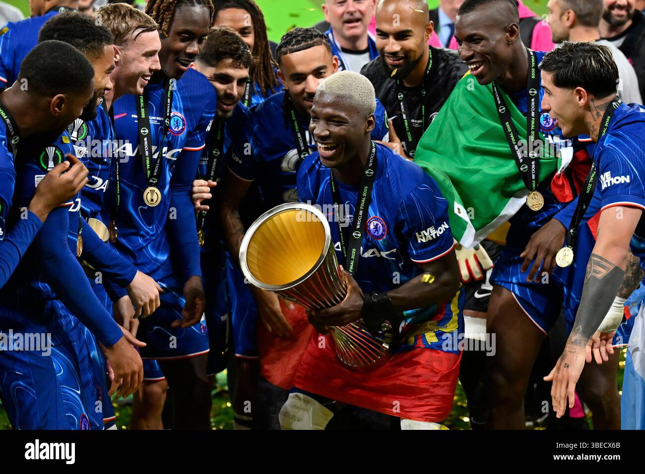 Chelsea's Moises Caicedo lifts the trophy after the Europa Conference ...
