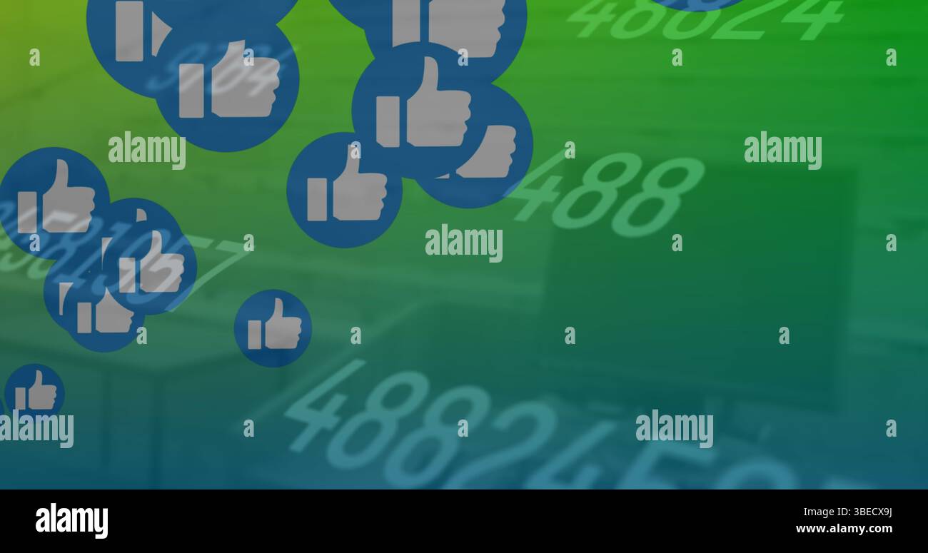 Image of social media reactions and numbers floating over green ...