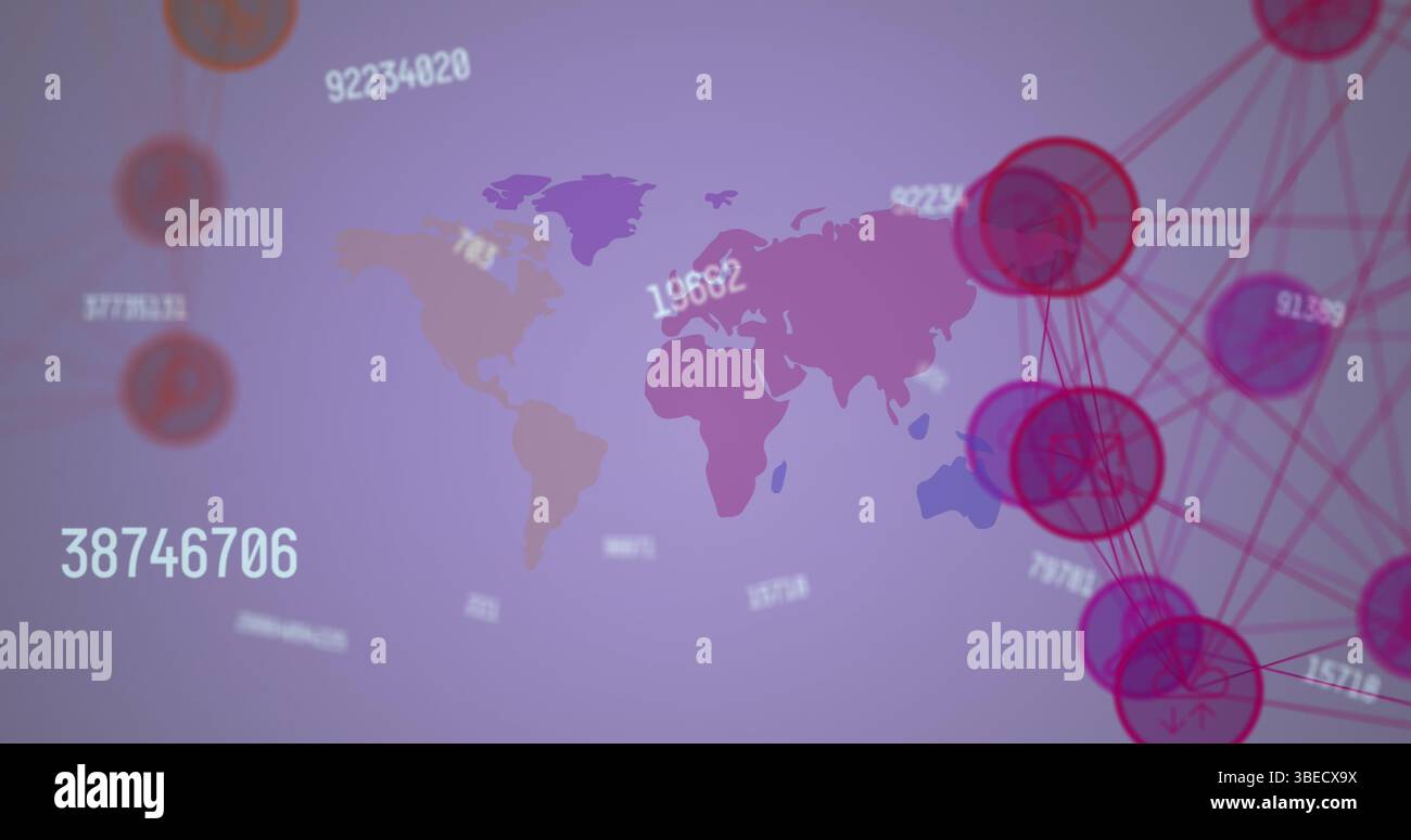 Image of two globes of digital icons and multiple changing numbers over world map Stock Photo ...