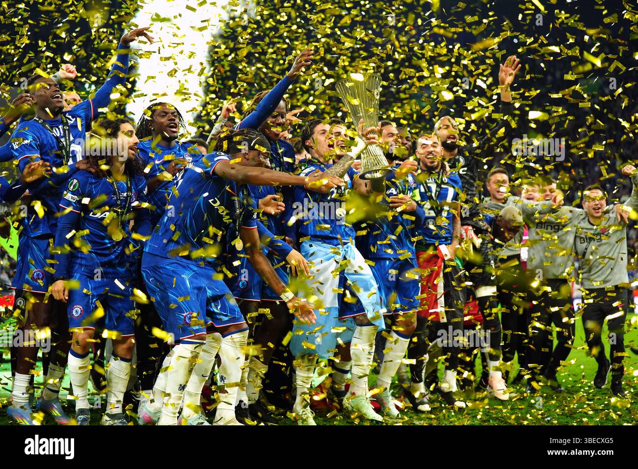 Chelsea players celebrate with the trophy following the UEFA Conference ...