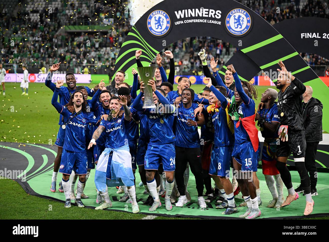Chelsea's Reece James lifts the trophy after winning the UEFA ...