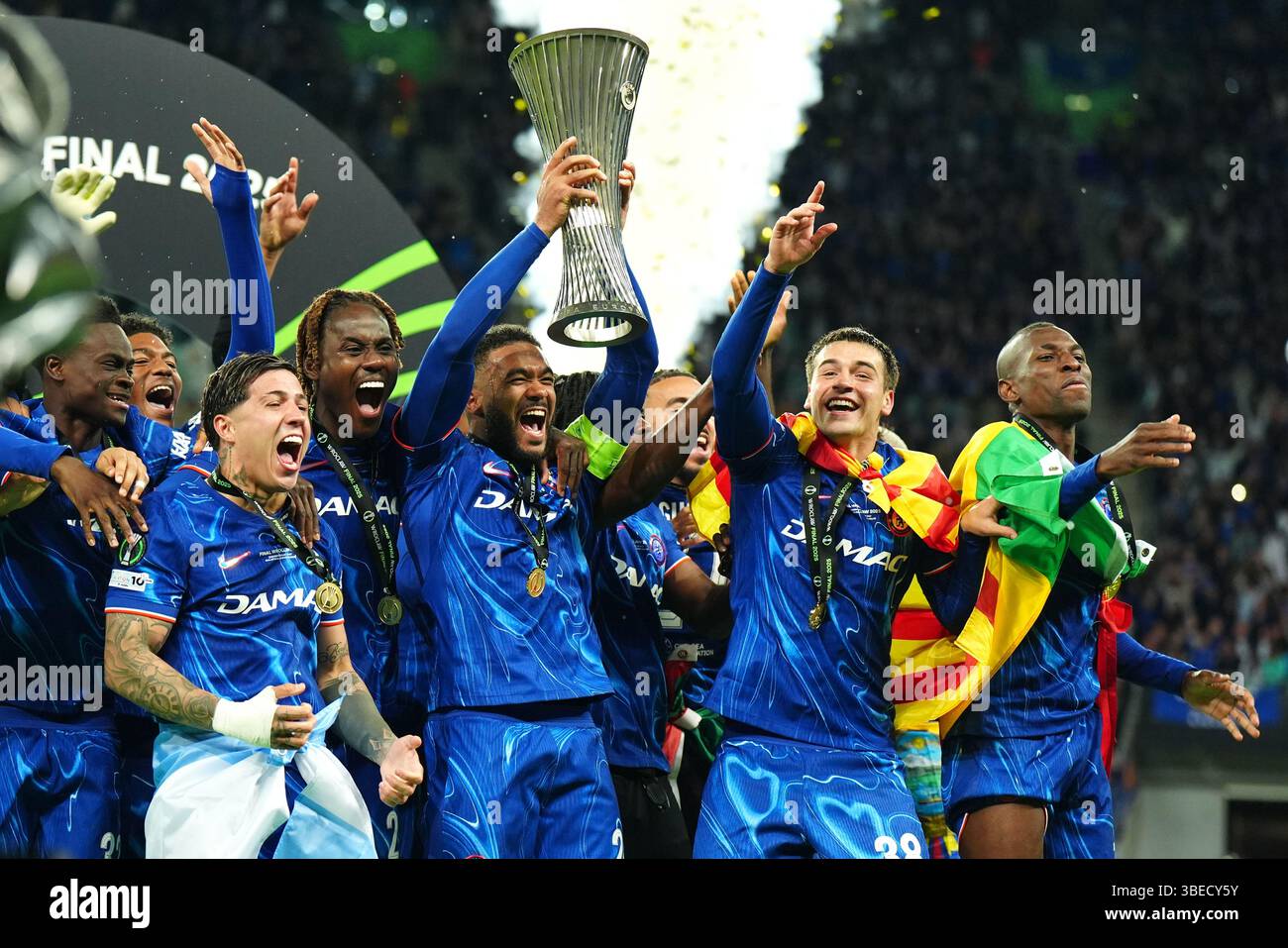 Chelsea's Reece James lifts the trophy following the UEFA Conference ...