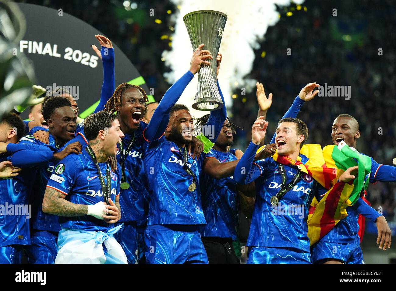 Chelsea's Reece James lifts the trophy following the UEFA Conference ...