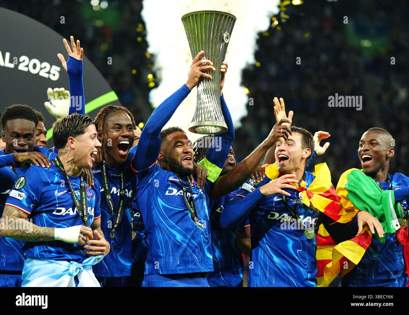 Chelsea's Reece James lifts the trophy following the UEFA Conference ...