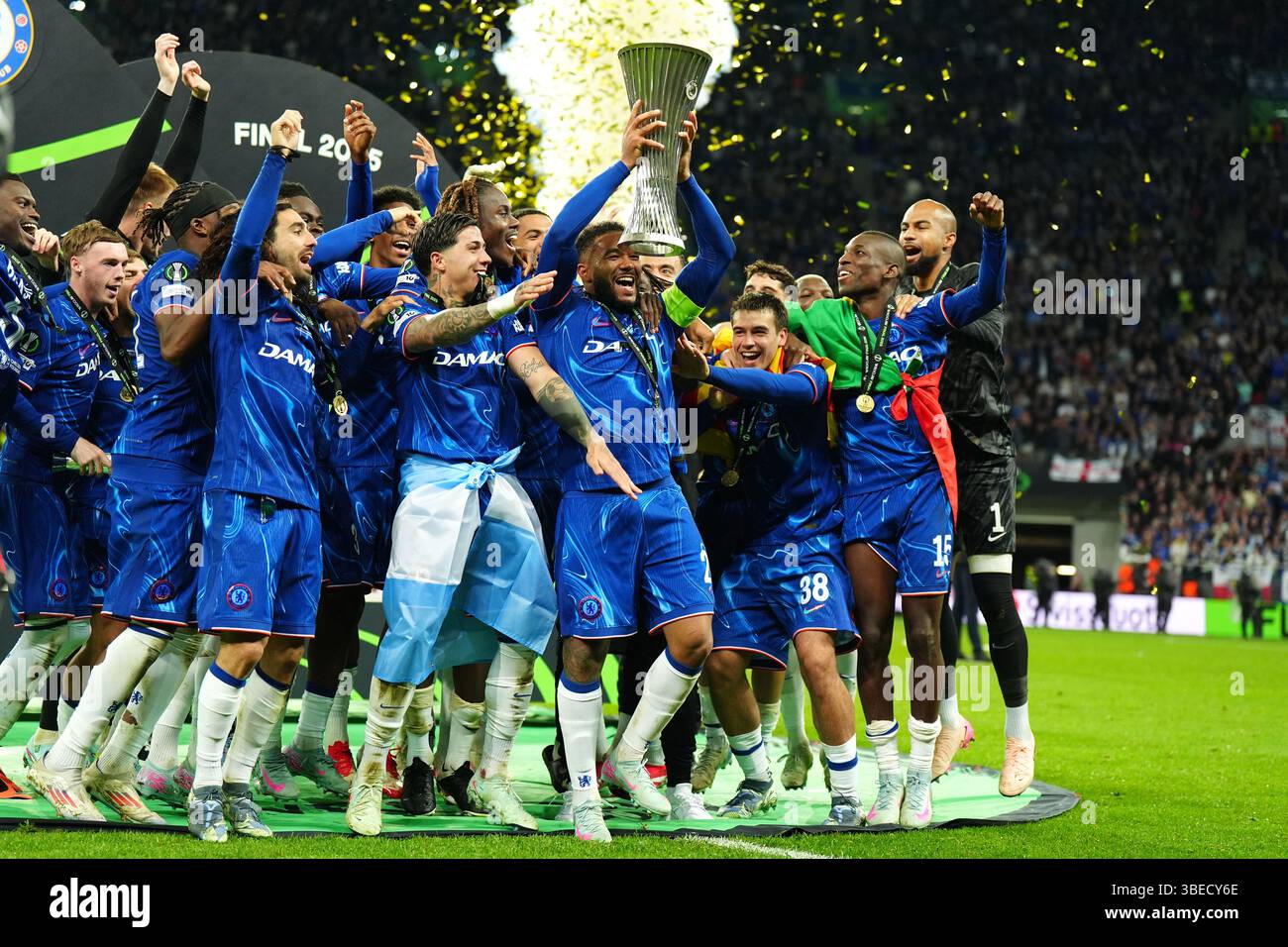 Chelsea's Reece James lifts the trophy following the UEFA Conference ...