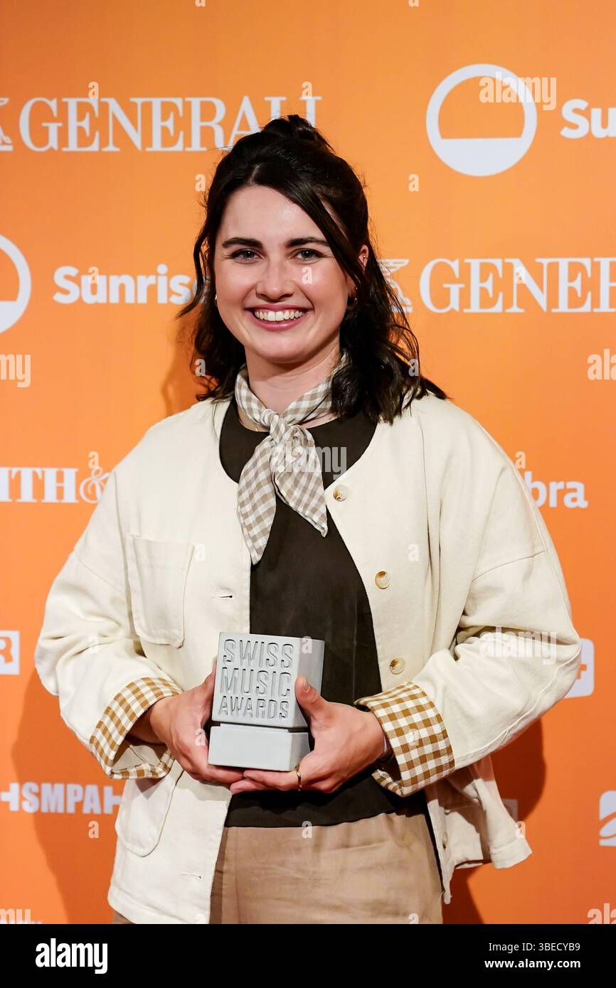 Zurich, Switzerland, May 28th 2025: Swiss musician Linda Elys pose with her winning trophy ...