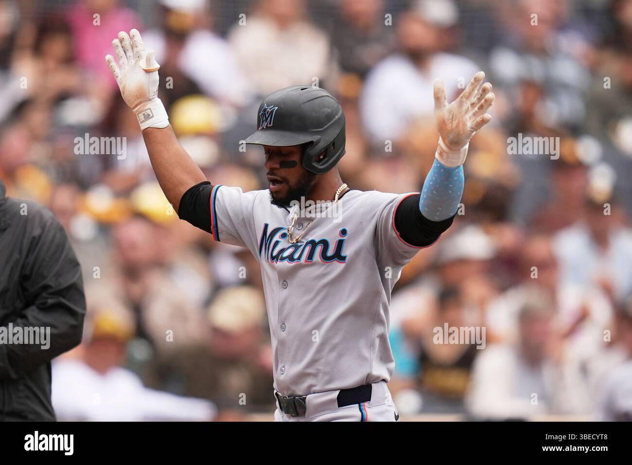 Miami Marlins' Otto Lopez celebrates after hitting a three-run home run ...