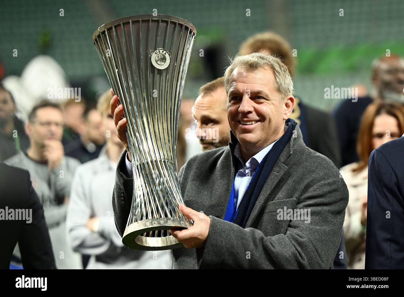 Chelsea owner Todd Boehly with the trophy after the UEFA Conference ...