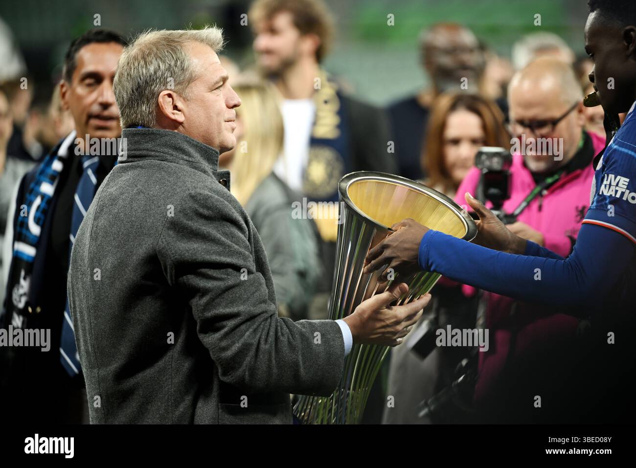 Chelsea owner Todd Boehly with the trophy after the UEFA Conference ...