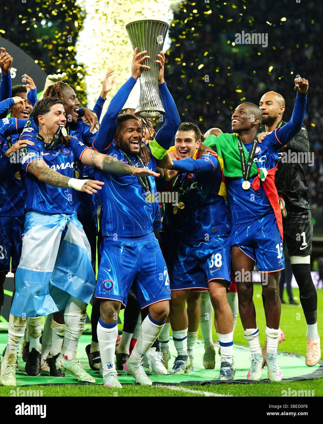 Chelsea's Reece James lifts the trophy following the UEFA Conference League final match at ...