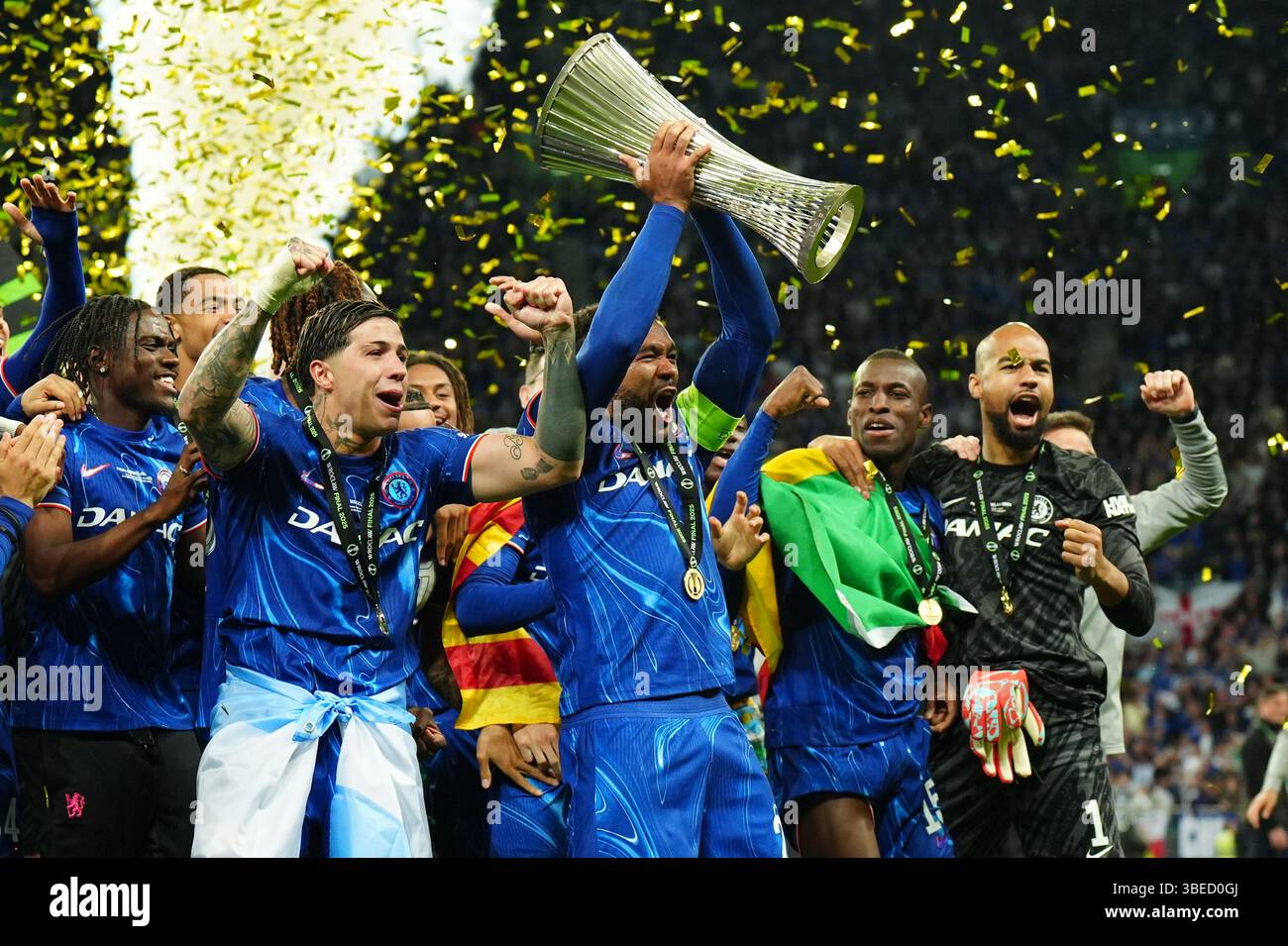 Chelsea's Reece James lifts the trophy following the UEFA Conference ...