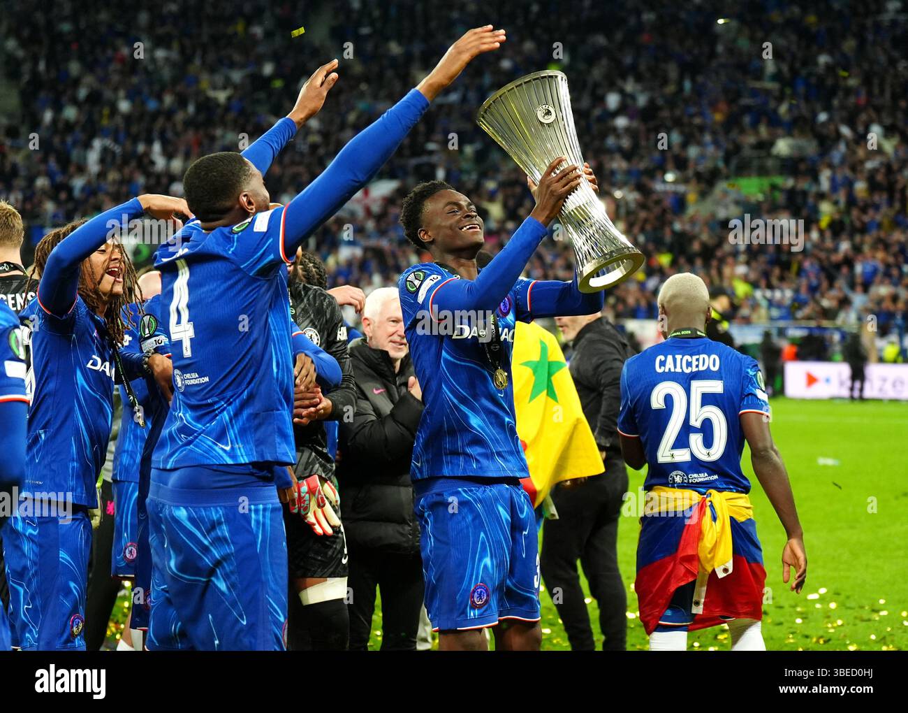 Chelsea's Tyrique George lifts the trophy following the UEFA Conference ...